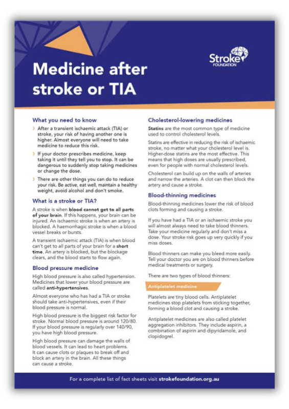Fact sheet - Medicine and TIA after stroke – Stroke Foundation Store