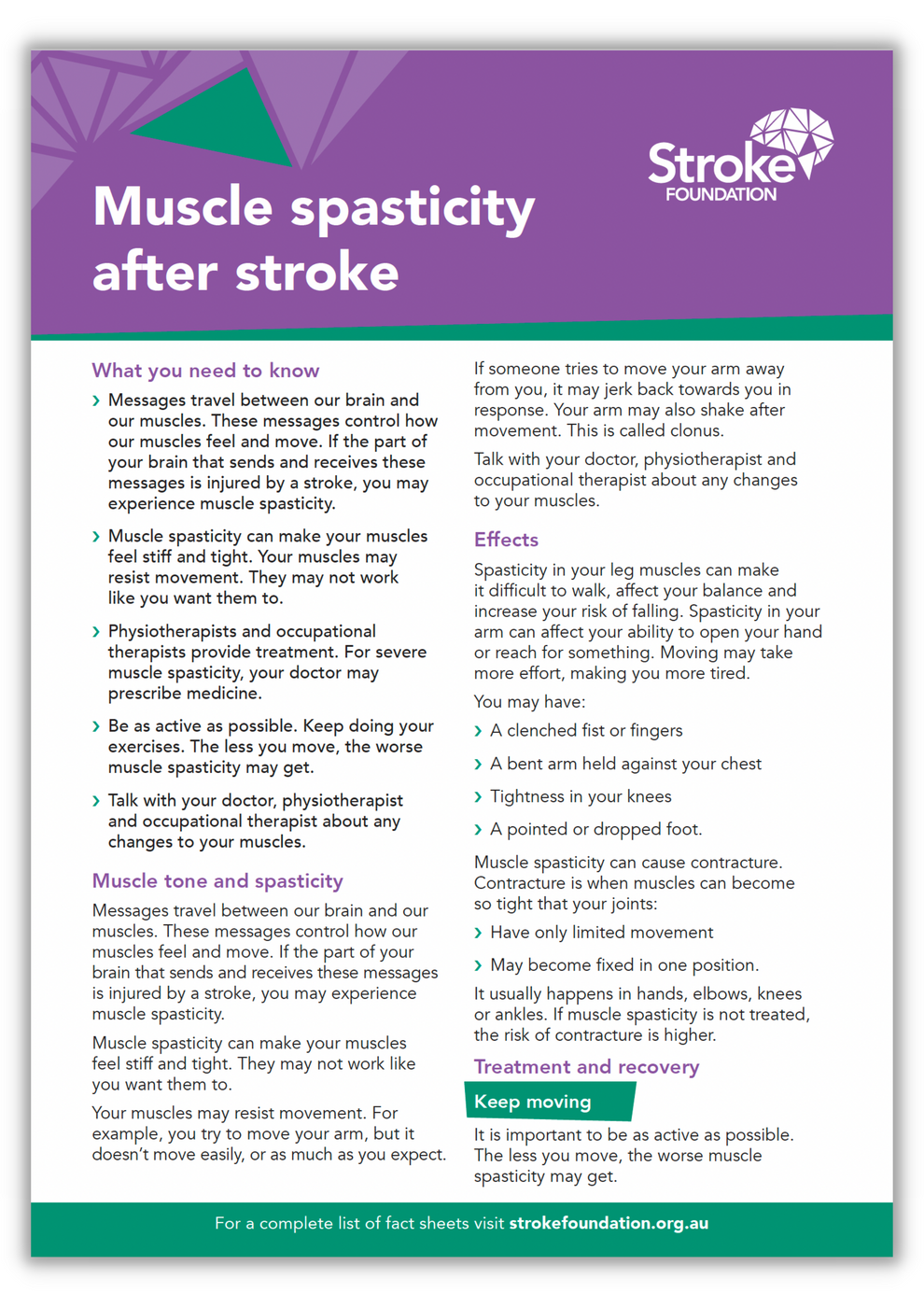 Fact Sheet – Muscle spasticity after Stroke – Stroke Foundation Store